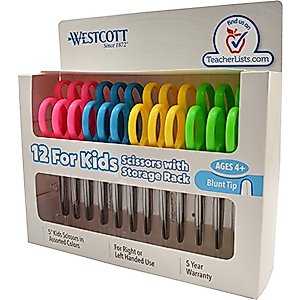 Westcott 13140 Right- and Left-Handed Scissors, Kids' Scissors, Ages 4-8, 5-Inch Blunt Tip, Assorted, 12 Pack