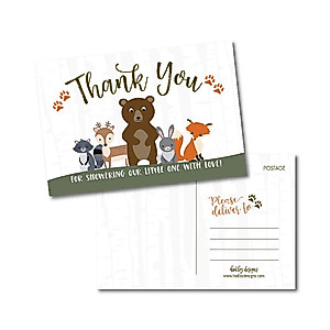 25 Girl or Boy Woodland Baby Shower Thank You Note Card Bulk Set, Blank Cute Animals Gender Reveal Neutral Sprinkle Postcards, No Envelope Needed For Party Gift, Personalize Printable Cardstock