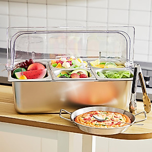 Tessco 1 Set Countertop Ice Food Serving Display Container Condiment Dispenser with Lid Stainless Steel Serving Tray Buffet Station with Clamps Spoons Ice Box for Restaurant Kitchen (5 Compartments)