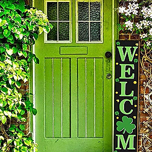 St. Patrick's Wooden Welcome Sign Vertical Porch Sign - Shamrock Lucky Coin Wooden Wall Art Sign for St. Patrick's Day Standing Hanging Home Front Door Wall Yard PartyIndoor Outdoor Decoration,47.2"H