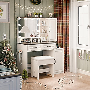 MU Makeup Vanity Desk with Mirror and Lights, White Vanity Table Set with Charging Station, Glass Top Vanity with 2 Drawers, 2 Cabinets and Multi-Shelf, 3 Lighting Modes Large Mirror