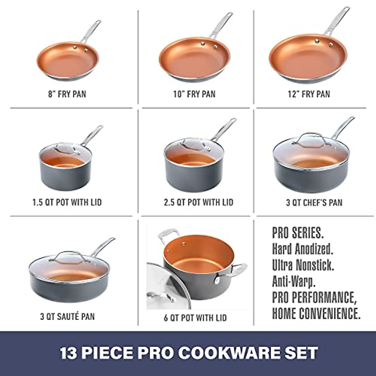 Gotham Steel Pro Pots and Pans Set Nonstick, 13 Pc Hard Anodized Kitchen Cookware Set, Induction Cookware Set, Long Lasting Nonstick, Ceramic Coated, Stay Cool Handles Dishwasher Safe, 100% Toxin Free