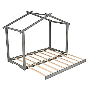 DHHU Wooden Bed Frame, Twin XL/King Size House Platform Bed with Trundle, Roof Design for Adults, Kids, No Spring Box Required, Bedroom Furniture, Gray