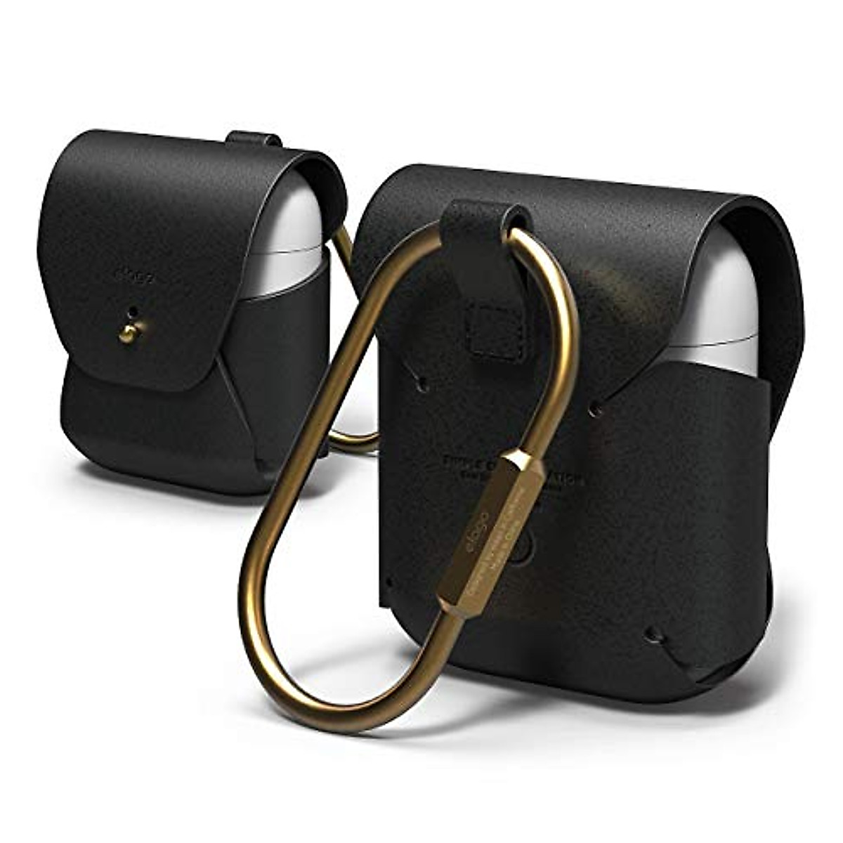 elago Genuine Leather Case Compatible with AirPods 1 Case and Compatible with AirPods 2 Case, Natural Cowhide Leather Case with Brass Ring Holder, Supports Wireless Charging [Black]