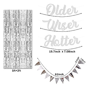 Older Wiser Hotter Banner, Silver Glitter Birthday Party Decorations for Adults, Funny 30th Happy Birthday Decor for Men Women, 40th 50th 60th Bday Triangle Flags Banner and Tinsel Foil Curtains Decor