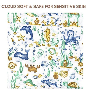 KloudBambu Hooded Baby Towel, Super Soft to Sensitive Skin, Ultra Absorbent, for Newborn, Infant, Toddler Girls and Boys, Seaworld Print