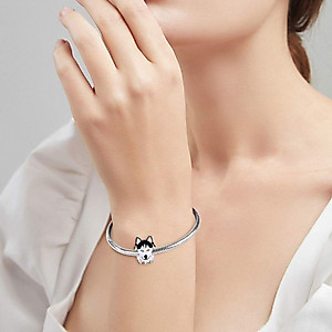 GNOCE Husky Dog Charm Bead Sterling Silver For Bracelet Heterochromia Husky Charm Bead Black Plated Fit Necklace Pets Charm for Women (1-Husky Dog)