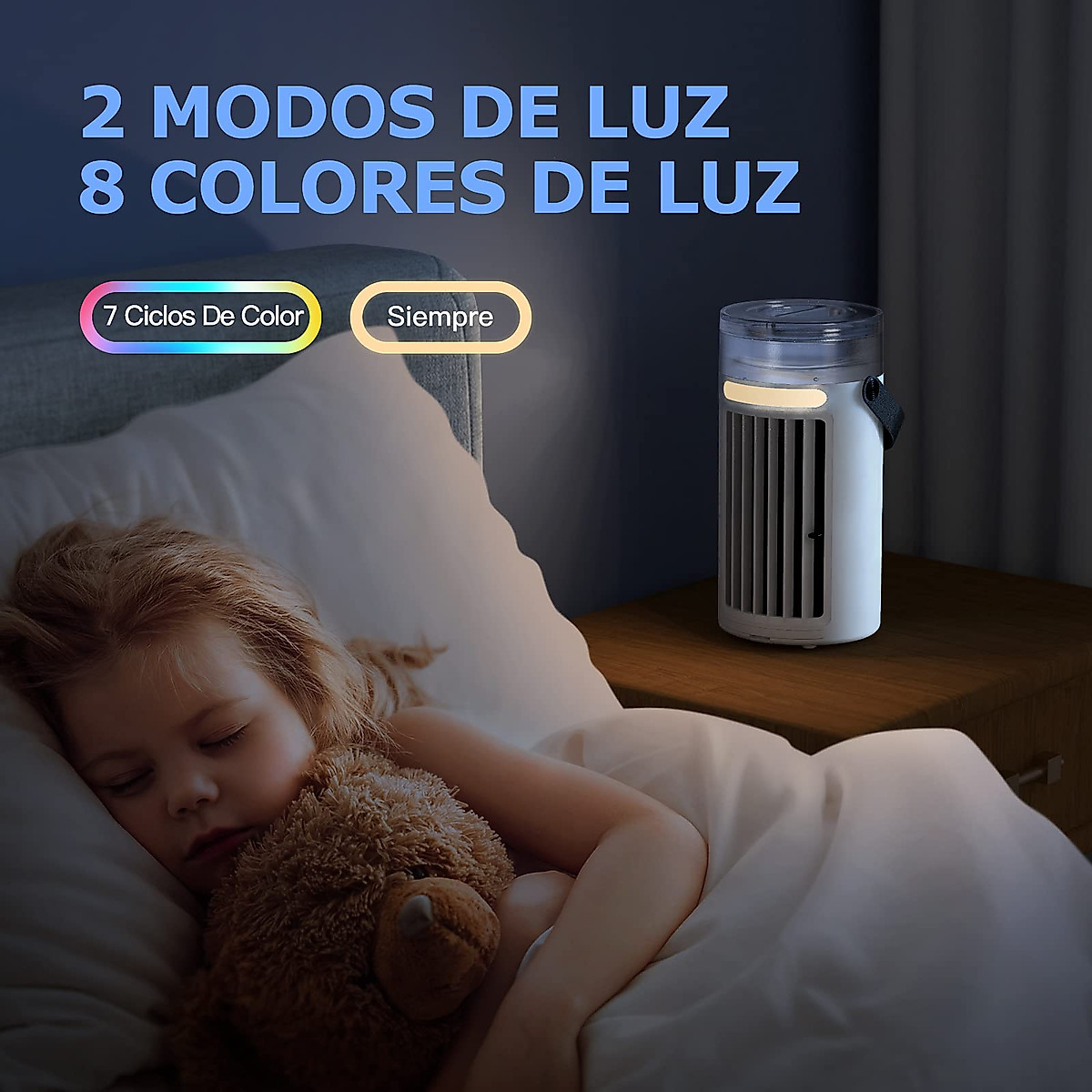 Portable Air Conditioner, Hommie 5 in 1 Personal Mini Air Cooler with 2 Fans, 8 Colors LED Light and 3 Speeds, Small Desk Mini Ac Evaporative Cooler Fanfor Personal Use Small Room