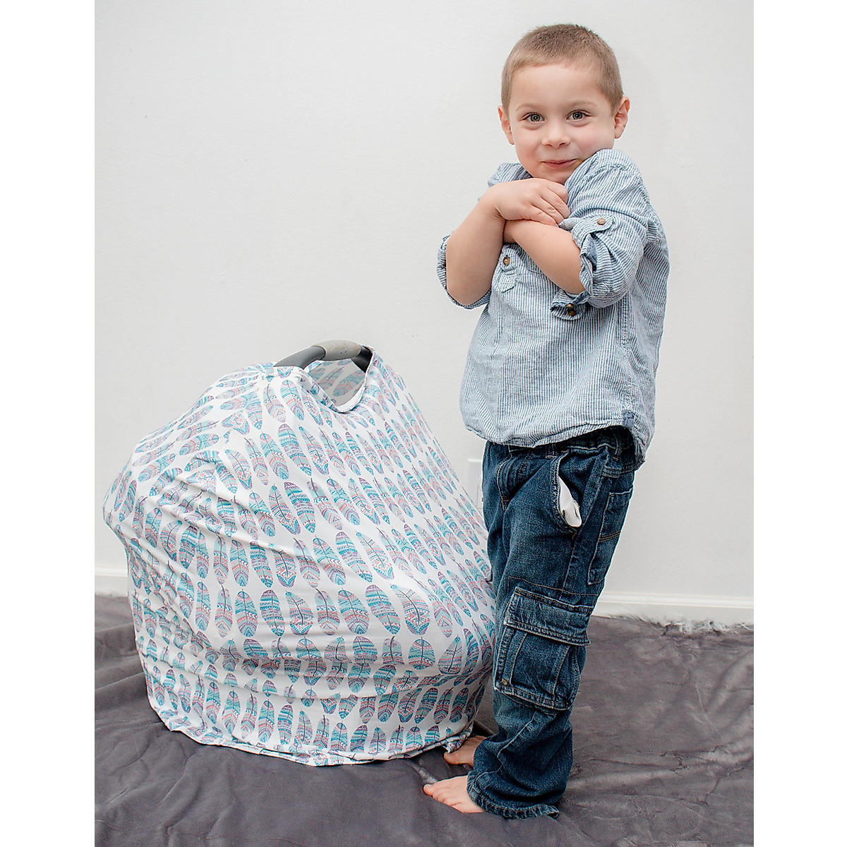 Baby Car Seat & Nursing Cover & Drawstring Carry Bag in Cute Feather Design Shower Gift Breathable Stretchy Universal 4 in 1 Multi-Use Infant Carseat Canopy Covers Shopping Cart High Chair Stroller