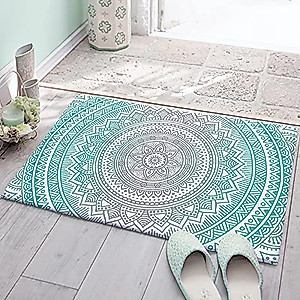 Door mat Turquoise Grey Flower Furry Door Mat Fluffy Area Rug - 18" x 30" Non-Slip Absorbent Bathroom Rugs, Floral Abstract Art Aesthetics Washable Indoor Carpet Runner for Bedroom Laundry