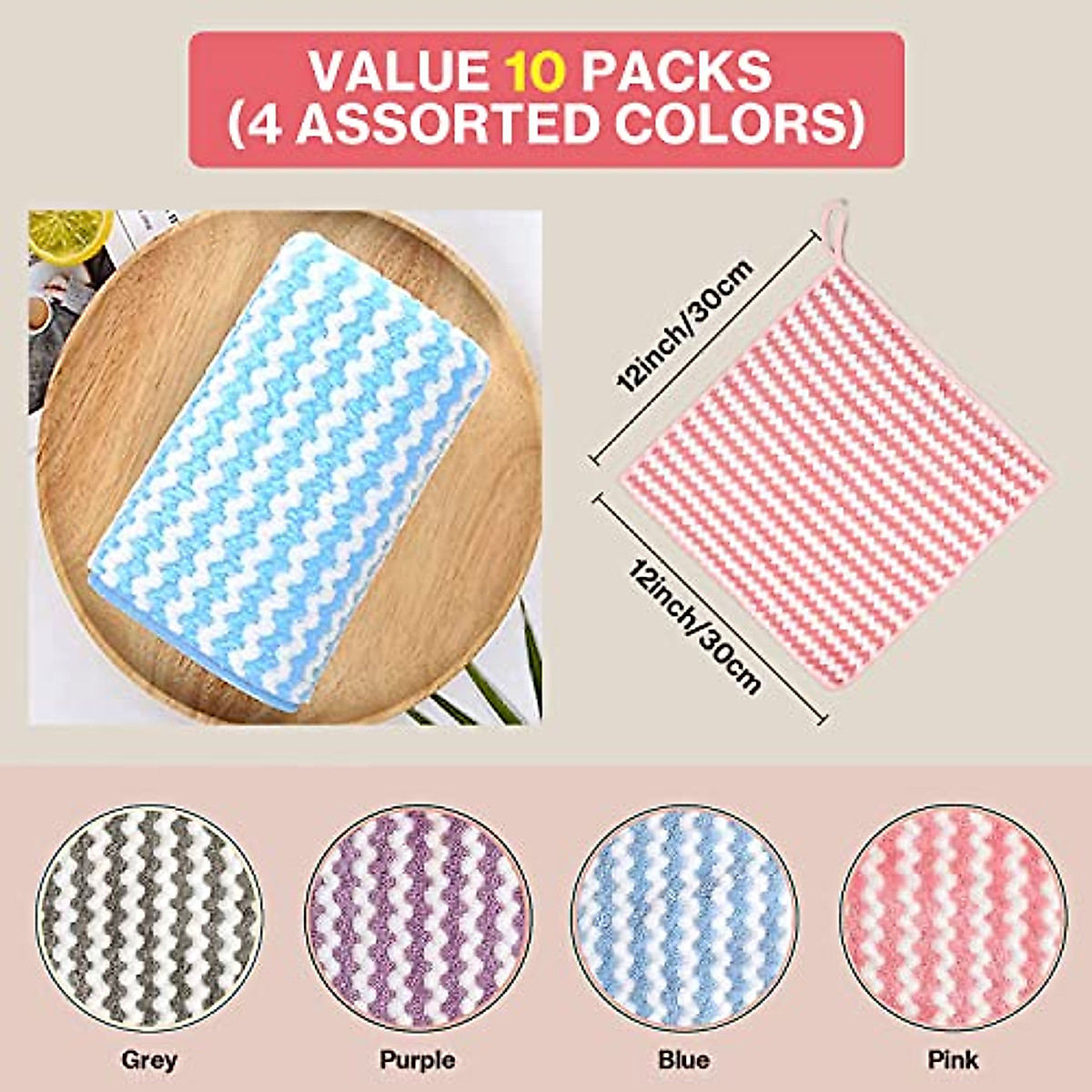 AMITER Kitchen Dish Towels, 100% Cotton Kitchen Towels and Dishcloths Set, 10 Pack Dish Cloths for Washing Dishes Dish Rags for Drying Dishes Kitchen Wash Clothes Cleaning Towel