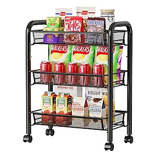 Pokfeic 3-Tier All Metal Rolling Utility Cart, Rolling Metal Organization Cart with Lockable Wheels, Easy Assembly Mobile Utility Cart for Kitchen, Bathroom, Office, Workshop, Rolling Storage Cart