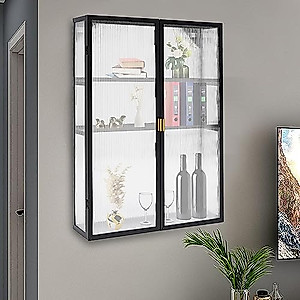 JINHZIXIU Retro Style Haze Double PC Door Wall Cabinet Display Cupboard with Detachable Shelves Enclosed Storage Cabinet for Office Dining Room Living Room Kitchen Bathroom Black