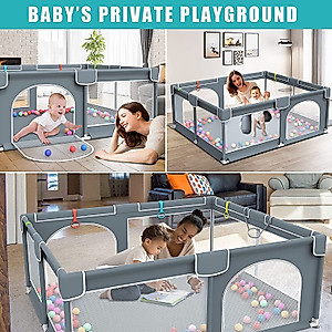 Baby Playpen, 79" x 63" Extra Large Play Yard Playpen for Babies and Toddlers with 50 Ocean Balls, Indoor & Outdoor Safety Baby Activity Center with Breathable Mesh, Anti-Slip Suckers and Zipper Gate