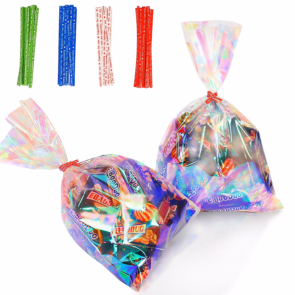 kamachic 120 Pcs Iridescent Cellophane Treat Bags 6x9 Inch, Holographic Candy Bags with Ties, Clear Favor Bags for Party, Homemade DIY, Small business