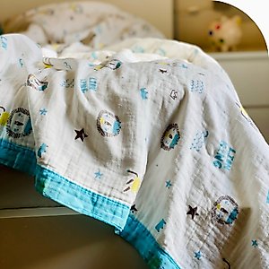 LOPALU Twin Size 60"x 86" (150cmx220cm) 4-Layer Muslin Blanket for Toddlers/Kids - Super Soft 100% Cotton Premium Material - Breathable Lightweight for All Seasons - Blue Color Cute Lion