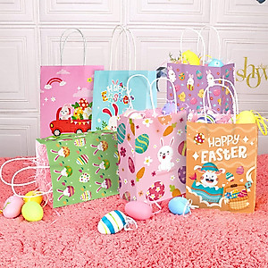 24PCS Easter Treat Bags with Handles, Easter Bags for Treats, Easter Party Favor Bags, Easter Gift Bags, Easter Egg Hunt Bags Decorated with Happy Easter Bunny and Chicks Pattern for Kids Spring Party