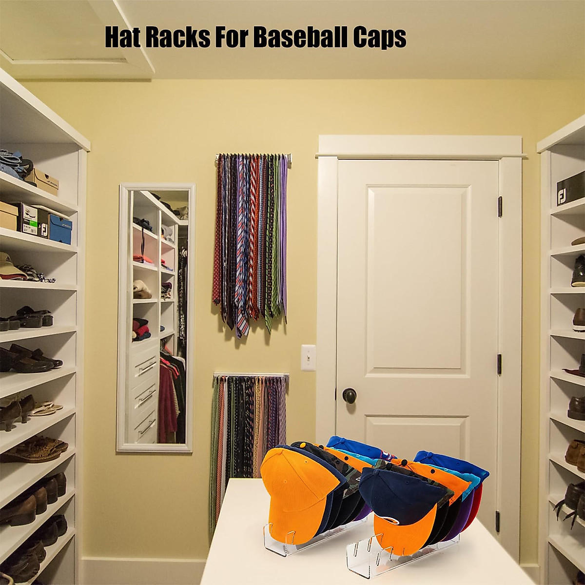 Sloworld Hat Stand for Baseball Caps, 2 Pcs No Install Acrylic Hat Organizer for 14 Baseball Caps, Hat Racks for Baseball Caps Display and Organizer for Bedroom, Closet, Dresser, Office (clear*2)