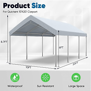 Quictent 10’x20’ Heavy Duty Carport Car Canopy Galvanized Car Boat Shelter with Reinforced Steel Cables-Silver Gray
