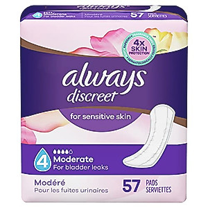 Always Discreet for Sensitive Skin Pads Moderate Absorbency Four Times Skin Protection Soft Dermatologically Tested Fragrance-Free, 57 Count