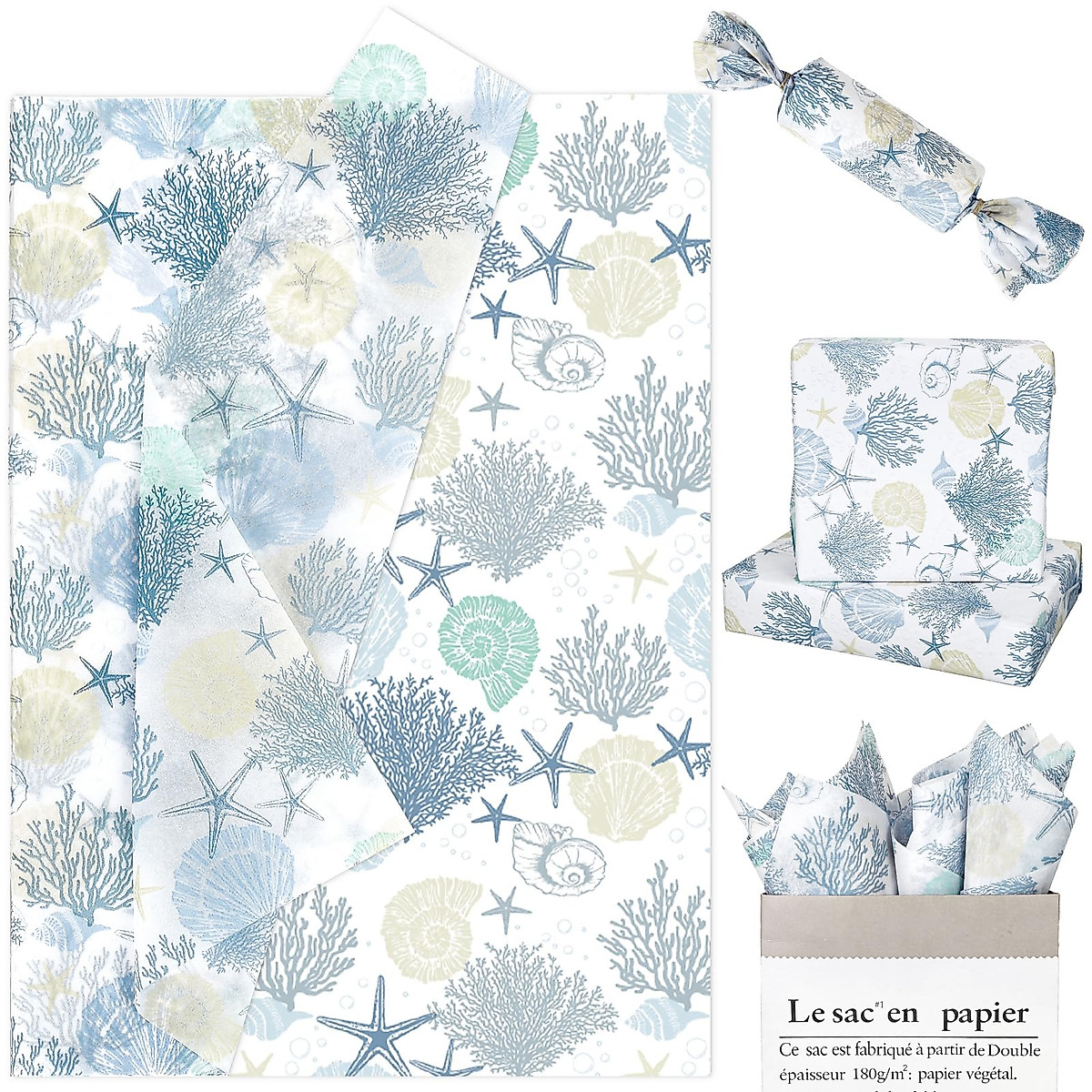 Whaline 100 Sheets Ocean Tissue Paper Sea Shell Starfish Gift Wrapping Paper Coastal Beach DIY Art Craft Tissue Paper for Summer Wedding Birthday Baby Shower Supplies, 13.7 x 19.6 Inch
