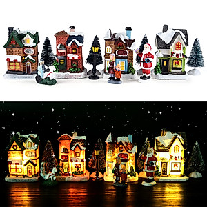 ELECLAND 12Pcs Christmas Village Sets, Christmas Village Houses with Bottle Brush Trees Christmas Figurines, Mini Christmas Trees Christmas Village Accessories for Christmas Home Decorations