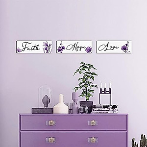 Creoate Purple Flower Wall Art 3 Pieces Faith Love Hope Wall Decor Motivational Wood Sign Hanging Plaque with Flower Art Print Farmhouse Home Living Room Bedroom Decor, Purple