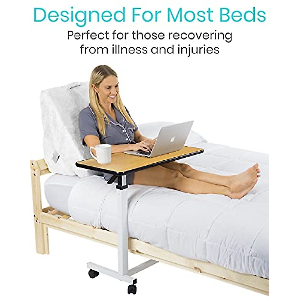 Vive Overbed Table (XL) - Hospital Bed Table - Swivel Wheel Rolling Tray - Adjustable Over Bedside Home Desk - Laptop, Reading, Eating Breakfast Cart Stand - Bedridden, Elderly (Brown)