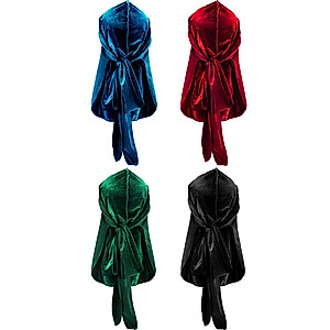 Tatuo 4 Pieces Men's Velvet Durag with Long Tail Soft Durag Headwraps for 360 Waves