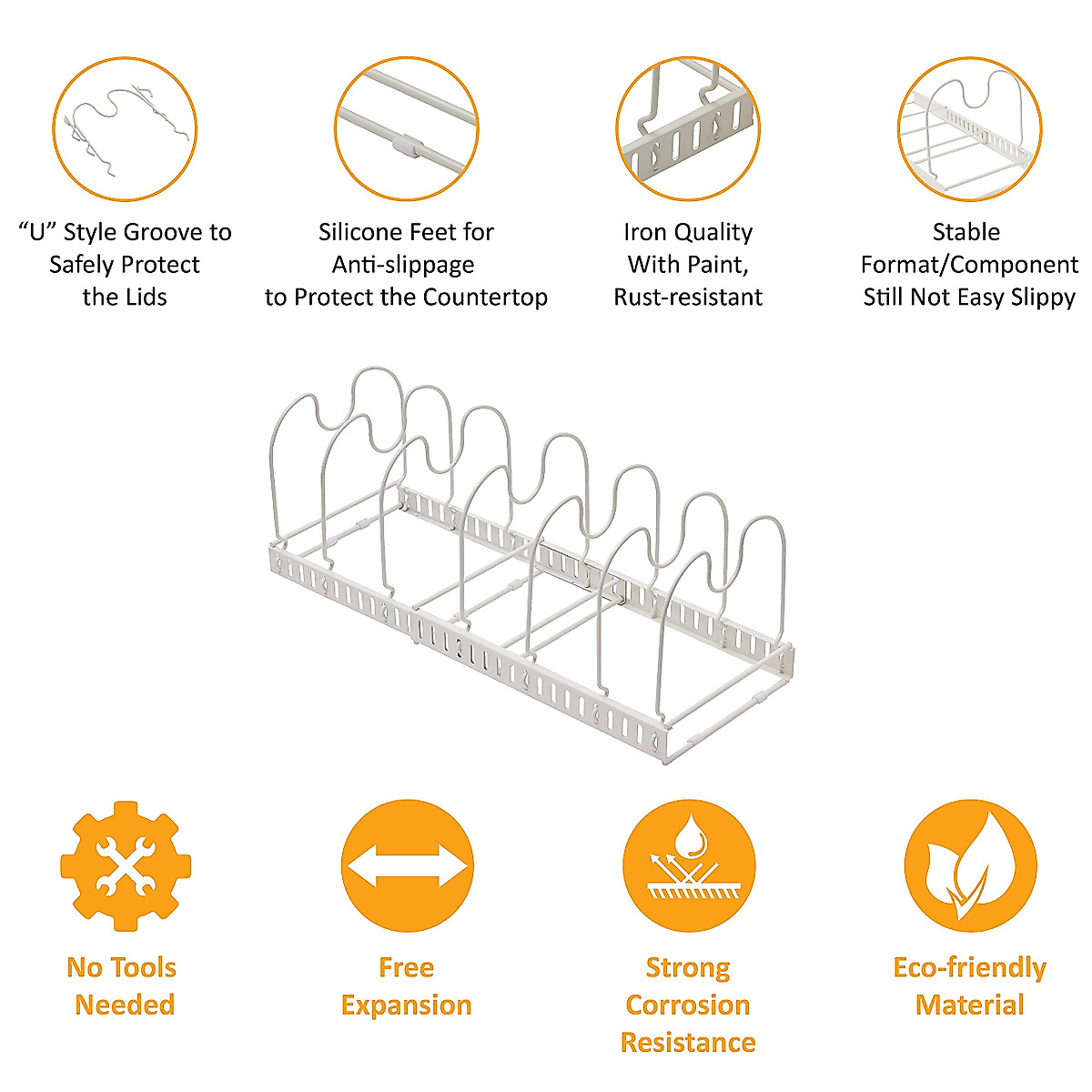 COZIMORE Pots and Pans Organizer,Pan Organizer rack for cabinet, and Rack Organizer with 7 dividers,Dish Rack for Cabinets, Lid Organizer, Cabinet Organizer WHITE