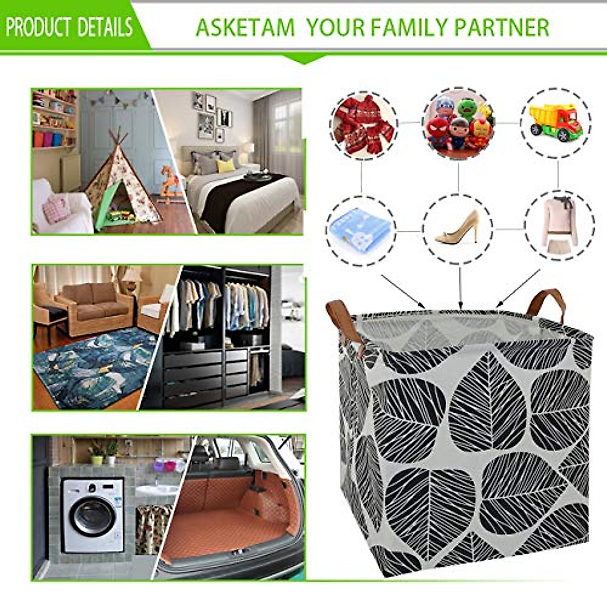 ASKETAM Square Canvas Collapsible Fabric Baby Toy Box Storage Bin Bedroom Decor Closet Kids Laundry Baskets Toy Organizer,Shelf Basket Nursery Storage,Gift Baskets(Black Leaves)