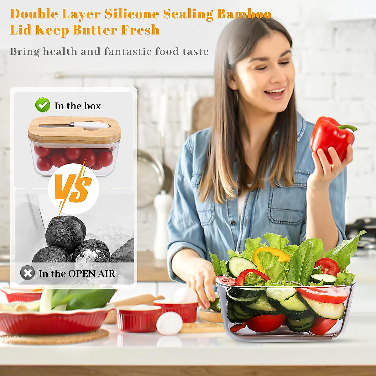 XCC Large Glass Butter Dish with Lid, Upgraded the Capacity to Holds 1lb of Butter, Butter Keeper with Knife for countertop and Double High-quality Silicone Seal, Kitchen Decor and Gifts