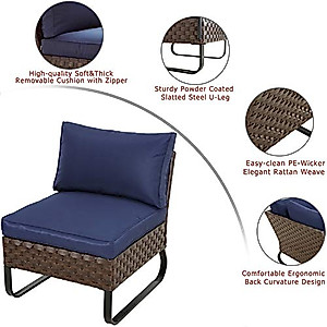 Festival Depot Dining Outdoor Patio Bistro Furniture Armless Section Chairs Wicker Rattan Premium Fabric Soft & Deep Cushions with Side U Shaped Slatted Steel Legs for Garden Yard Poolside All-Weather