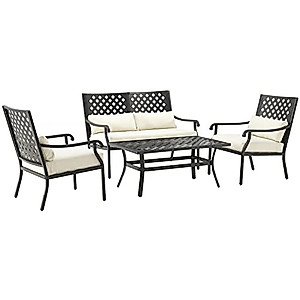 Crosley Furniture Alistair 4-Piece Outdoor Loveseat Patio Furniture Set, Conversation Sets for Porch, Deck, Matte Black with Creme Cushions