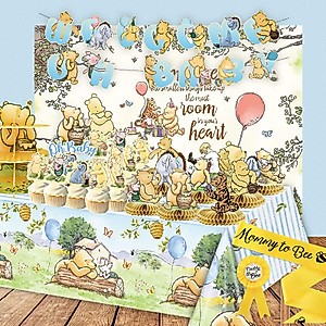 Classic Winnie Baby Shower Decorations Kit, All-in-1 Vintage Winnie Party Supplies Decorations, Classic The Pooh Backdrop Cake Topper, Winnie Baby Tablecloth Honeycomb Decorations for Baby Shower