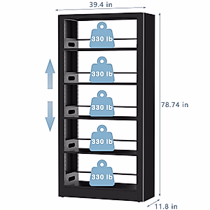 KINGBO 78.7" Tall Bookshelf, 5 Shelf Adjustable Bookcase Shelf, Heavy Duty Steel Open Book Storage Shelves Organizer for Home Office, Easy to Assemble, 11.8D x 39.4W x 78.7H in, Black