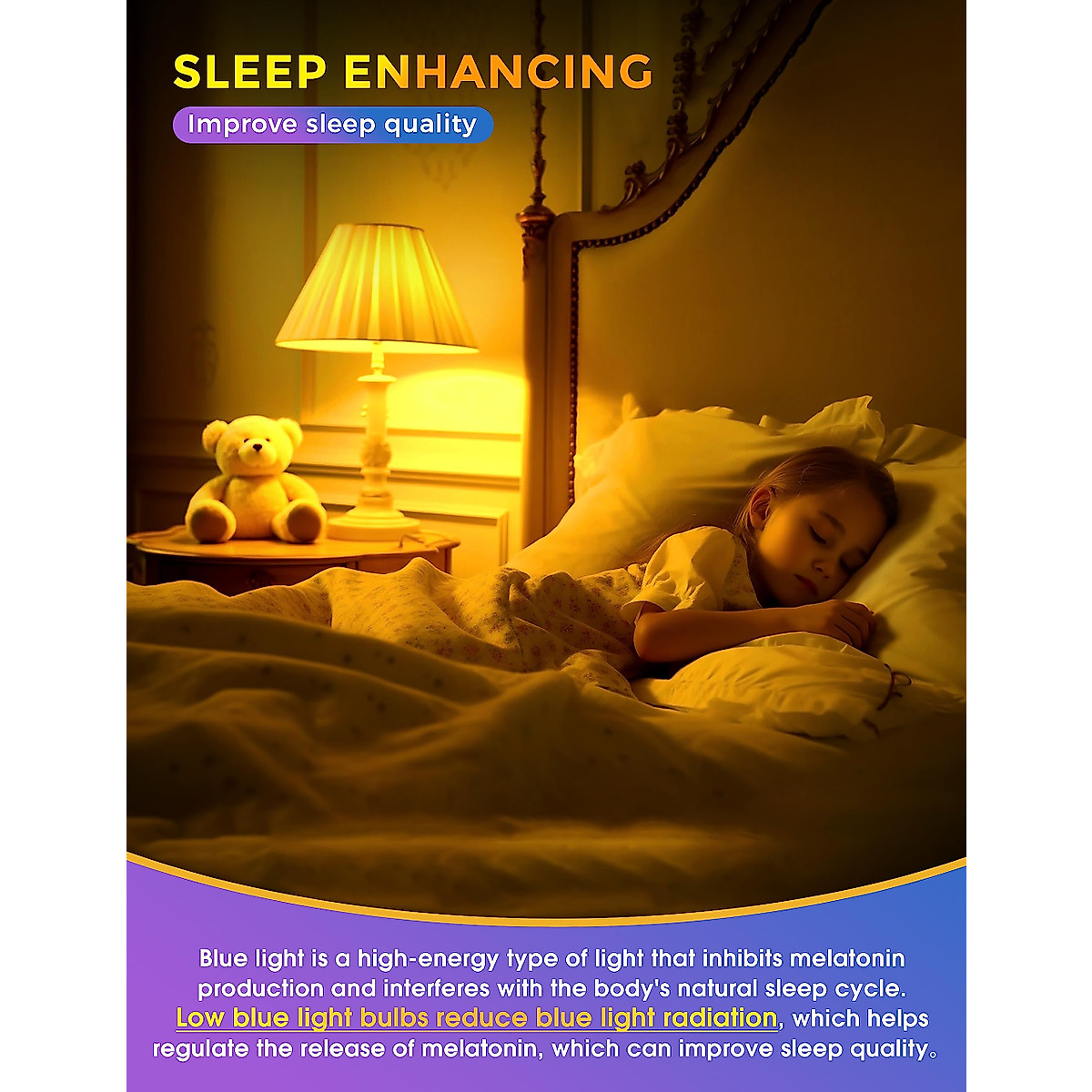 JandCase Sleep Light Bulb, Amber Light Bulbs for Sleep Therapy, Blue Light Blocking, 1900K Dim Light Bulbs 60W Equivalent, Mood Soothing Light, E26 A19 Warm Light Bulbs for Bedroom, Nursery, 2 Pack