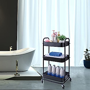 YOHKOH 3-Tier Metal Rolling Utility Cart, Storage Trolley Cart with Mesh Baskets and Lockable Wheels for Bathroom Kitchen Office (Dark Black)