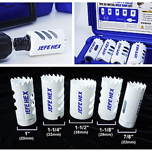 JEFE HEX Bi-Metal Hole Saw Kit, 7-Piece Hole Saw Set 7/8",1",1-1/8",1-1/4" and 1-1/2" Hole Saw with Mandrels for Metal, Wood, Plastic, PVC and Drywall