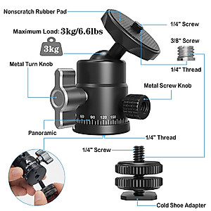 Mini Ball Head, Panoramic Tripod Head DSLR Camera Hot Shoe Mount + 1/4 3/8 Screw, 360° Rotatable Tripod Ball Head Photograph Accessories for Cameras Gopro Camcorder Smartphone Light