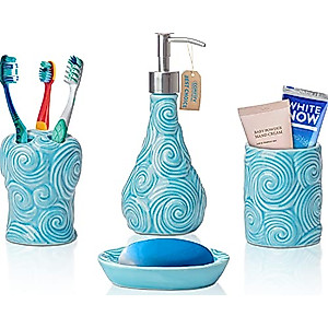 Designer - 4 Piece Bathroom Accessories Set - with Soap or Lotion Dispenser, Toothbrush Holder, Tumbler and Soap Dish - Glossy Finish - Porcelain (Ocean Waves, Aqua Blue) Holds 15.6oz