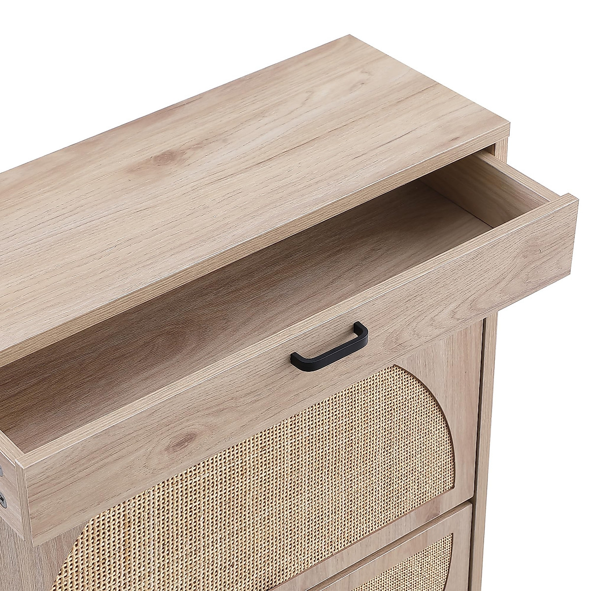 XIAO WEI Shoe Cabinet, Natural Semi Circle Rattan Shoe Storage Organizer Cabinet with 2 Flip Drawers, Freestanding Shoe Rack with Adjustable Shelf for Entryway