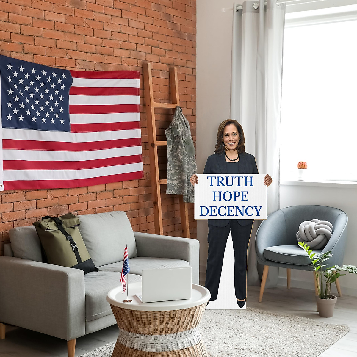 Generic Personalized Kamala Harris Stand Up - Your Text Here - Custom Life Size Kamala Cutout, 6 Size Options Plus Actual Kamala Size Cutout - Election 2024 Decor, Tan/Navy/Red/White