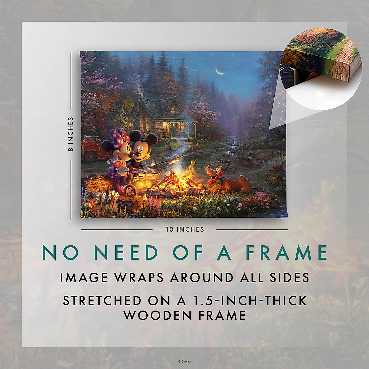 Thomas Kinkade Mickey and Minnie Sweetheart Campfire 8" x 10" Gallery Wrapped Canvas Art | Frameless Room Wall Art | Certificate of Authenticity Included