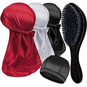 3PCS Silky Durags with 1 Wave Brush Pakcs for Men Waves, Satin Doo Rags and Medium Curve Waves Brush - Made with Boar Bristles -All Purpose 360 Waves Brush
