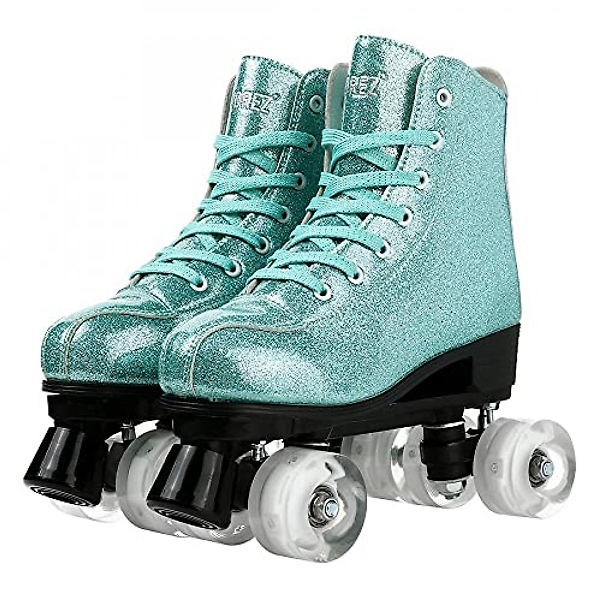Comeon Roller Skates for Women PU Leather Roller Skates High-Top Leather for Beginners Teens for Woman,Girls and Boys,Adult (Green crystal,flash wheel,250/uk5.5/eur38)