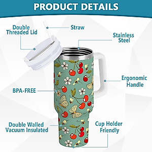 ZZXXB Bee Cherry Insulated Stainless Steel Water Bottle with Handle and Straw Lid Double Walled Travel Mug 40 oz