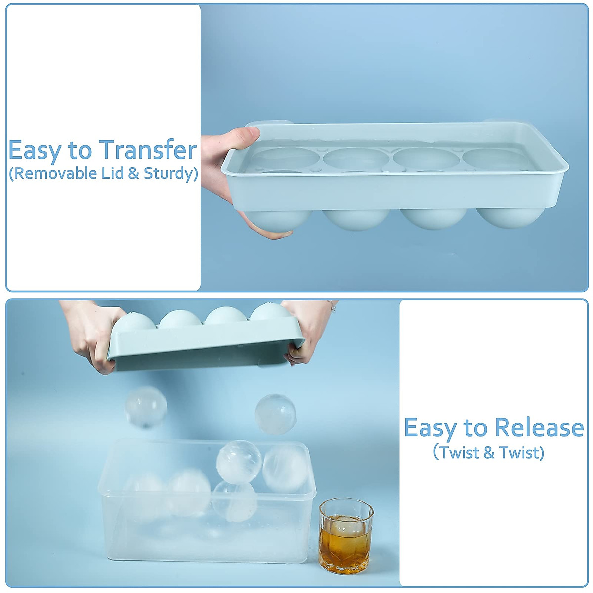WIBIMEN Large Ice Cube Molds, Big Round Whiskey Ice Cube Trays for Freezer, Easy to Fill & Release, Whiskey Bourbon Cocktail(2.5In*8 Balls- Blue/2 Pack)