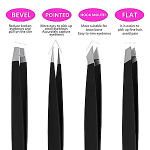 4 Pcs Eyebrow Tweezers Set, Stainless Steel Beauty Tools Eyebrow Tweezers, Precision Tweezers for Ingrown Hair, Splinter,Facial Hair, Blackhead and Tick Remover(Black)
