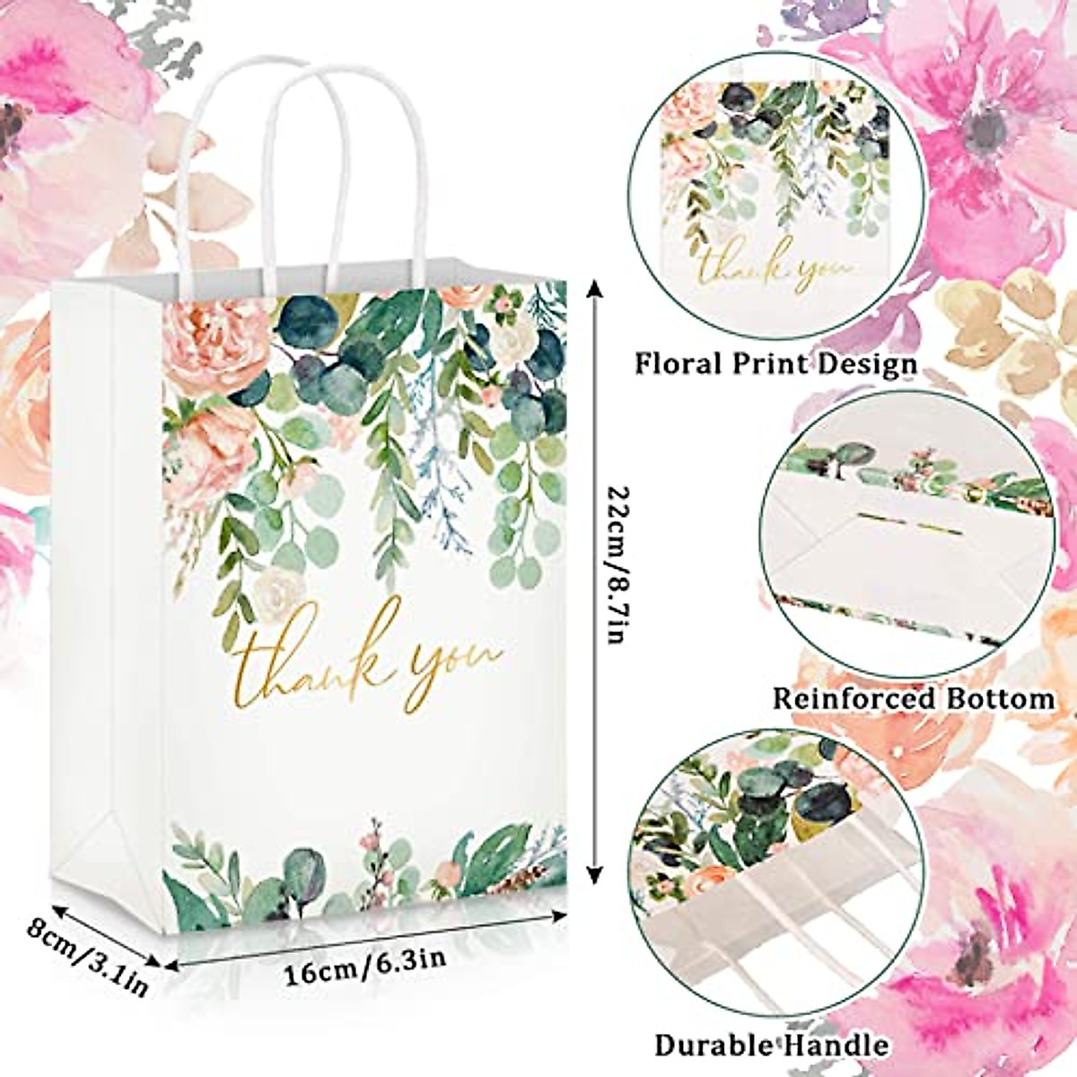 Whaline 16Pcs Thank You Gift Bags Floral Design Gift Bags with Handles Wedding Small Paper Bags for Business Shopping Boutique Gifts,Birthday Party,Baby Shower,Wedding Celebration,6.3 x 8.7 x 3.1in